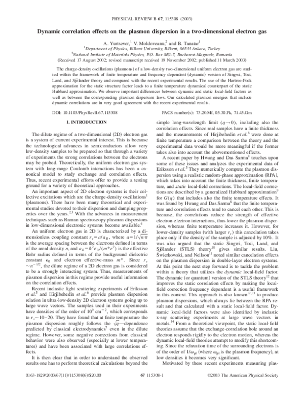 (PDF) Dynamic correlation effects on the plasmon dispersion in a two-dimensional electron gas