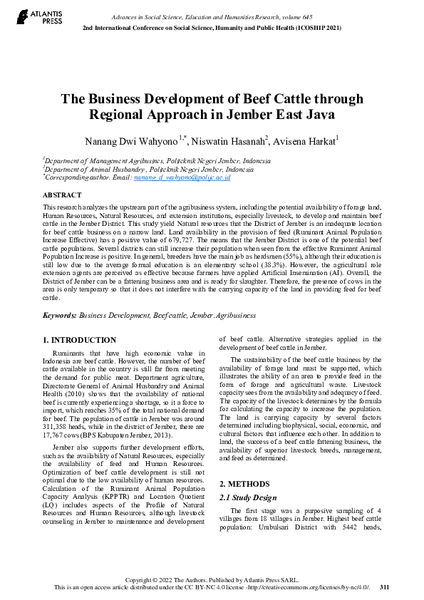 (PDF) The Business Development of Beef Cattle through Regional Approach in Jember East Java