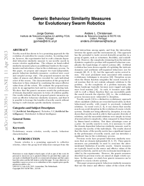 (PDF) Generic behaviour similarity measures for evolutionary swarm robotics