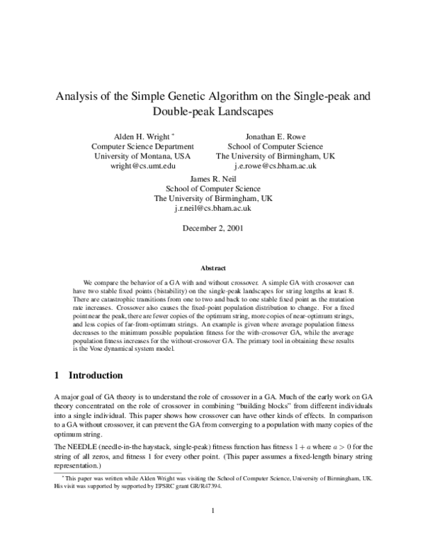 (PDF) Analysis of the simple genetic algorithm on the single-peak and double-peak landscapes