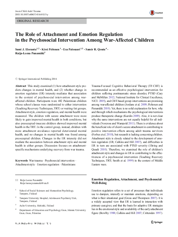 (PDF) The Role of Attachment and Emotion Regulation in the Psychosocial ...