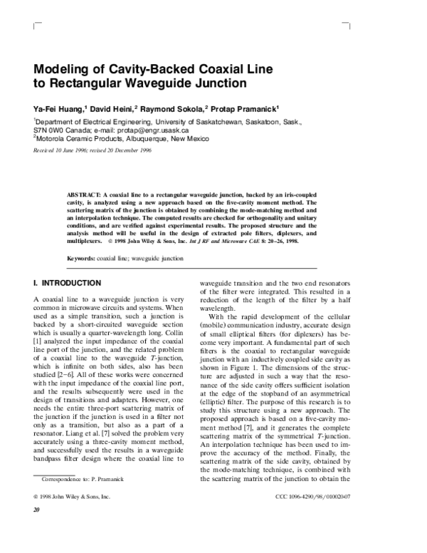(PDF) Modeling of cavity‐backed coaxial line to rectangular waveguide junction