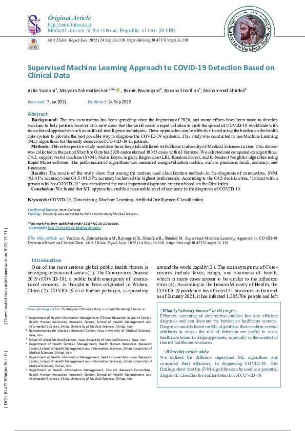 Supervised Machine Learning Approach to COVID-19 Detection Based on Clinical Data