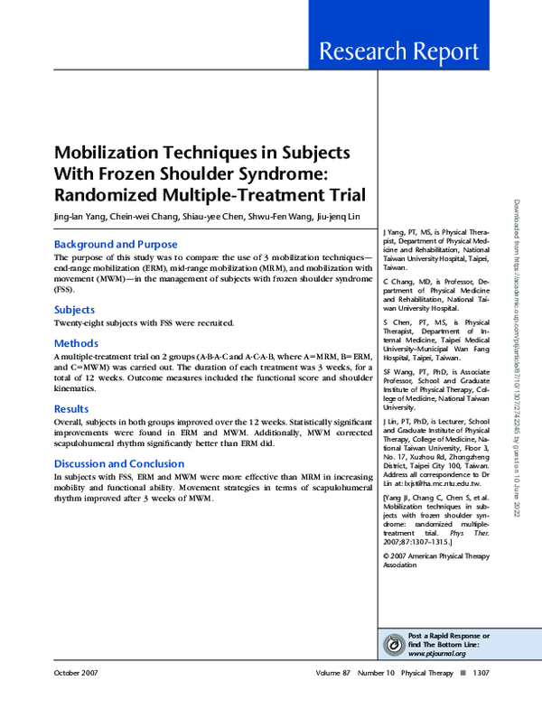(PDF) Mobilization Techniques in Subjects With Frozen Shoulder Syndrome: Randomized Multiple ...