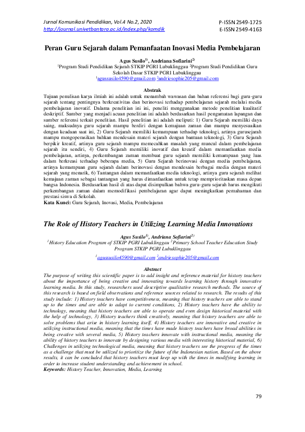 (PDF) Peran Guru Sejarah dalam Pemanfaatan Inovasi Media Pembelajaran | agus susilo - Academia.edu