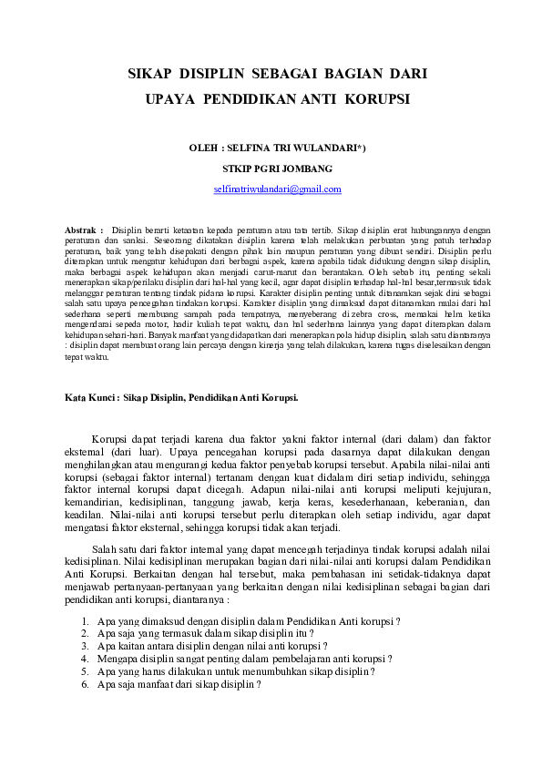 (PDF) SIKAP DISIPLIN SEBAGAI BAGIAN DARI UPAYA PENDIDIKAN ANTI KORUPSI