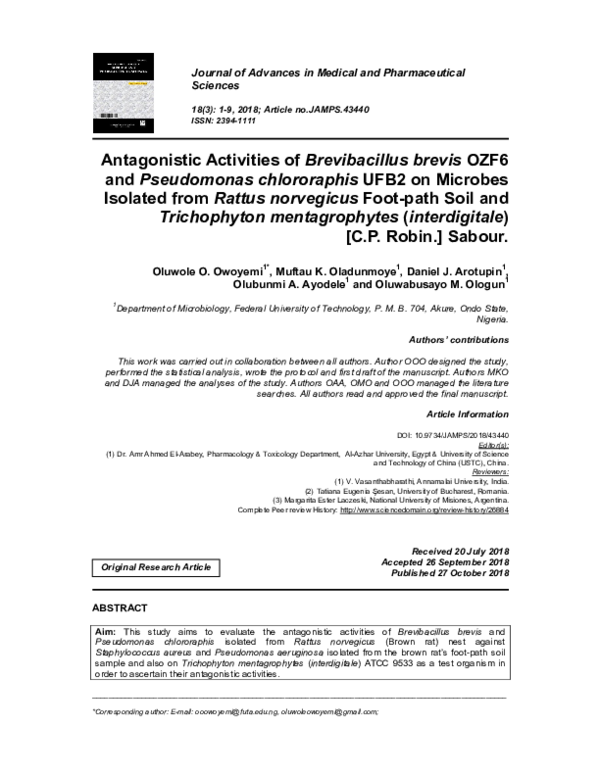 (PDF) Antagonistic Activities of Brevibacillus brevis OZF6 and ...