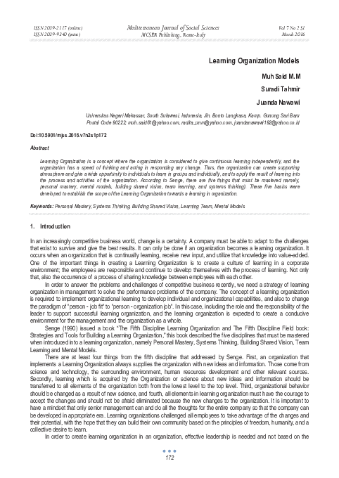 Pdf Learning Organization Models