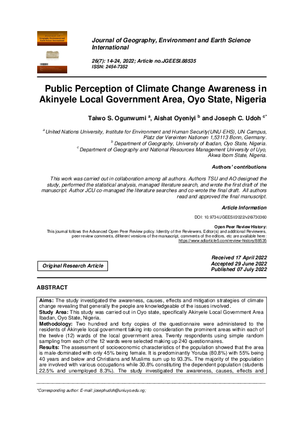 (PDF) Public Perception of Climate Change Awareness in Akinyele Local ...