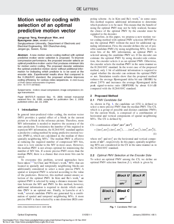 Pdf Motion Vector Coding With Selection Of An Optimal Predictive Motion Vector
