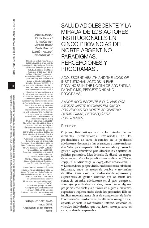 (PDF) Salud Adolescente y la Mirada de los Actores Institucionales en cinco provincias del Norte ...