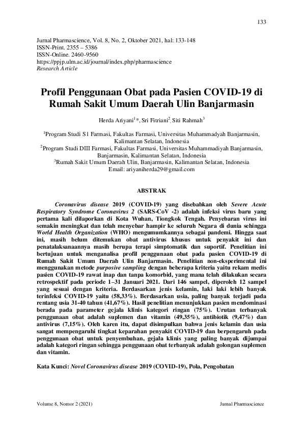 Pdf Profil Penggunaan Obat Pada Pasien Covid 19 Di Rumah Sakit Umum