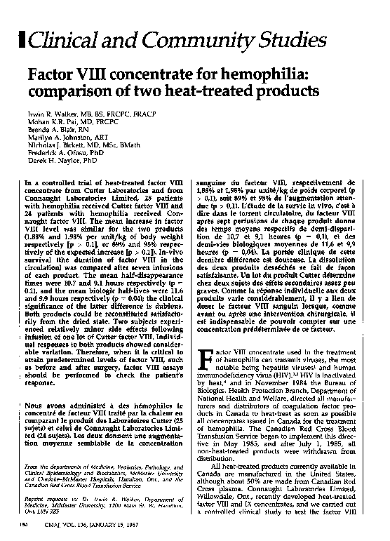 (PDF) Factor VIII concentrate for hemophilia: comparison of two heat ...