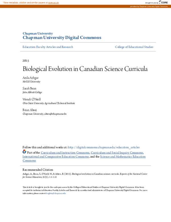 (PDF) Biological Evolution in Canadian Science Curricula