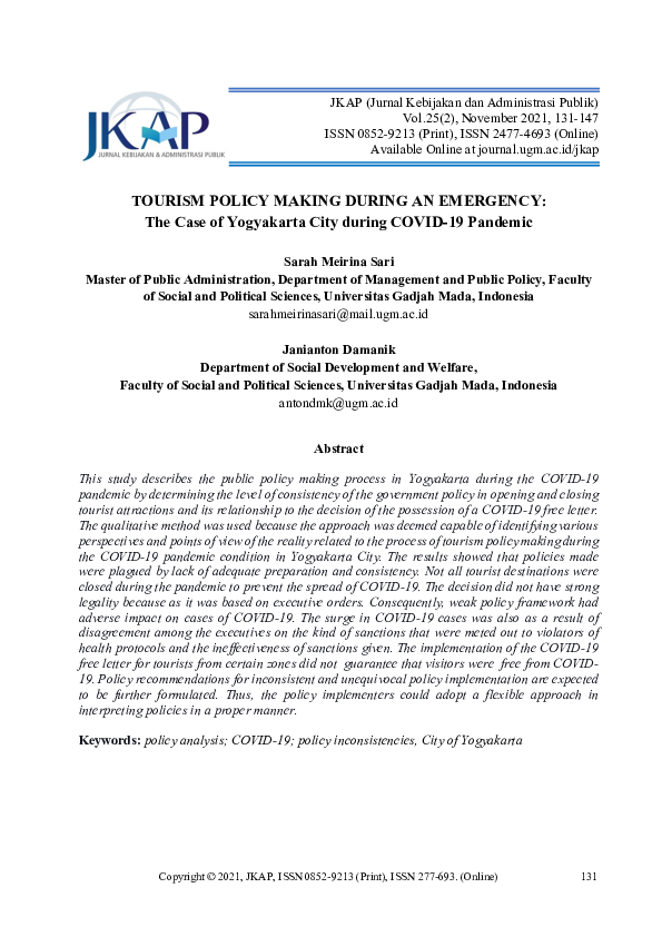 (PDF) TOURISM POLICY MAKING DURING AN EMERGENCY: The Case of Yogyakarta ...