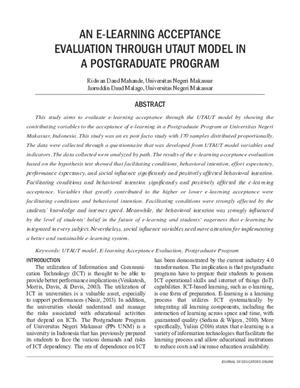 (PDF) An E-learning Acceptance Evaluation Through UTAUT Model in a Postgraduate Program