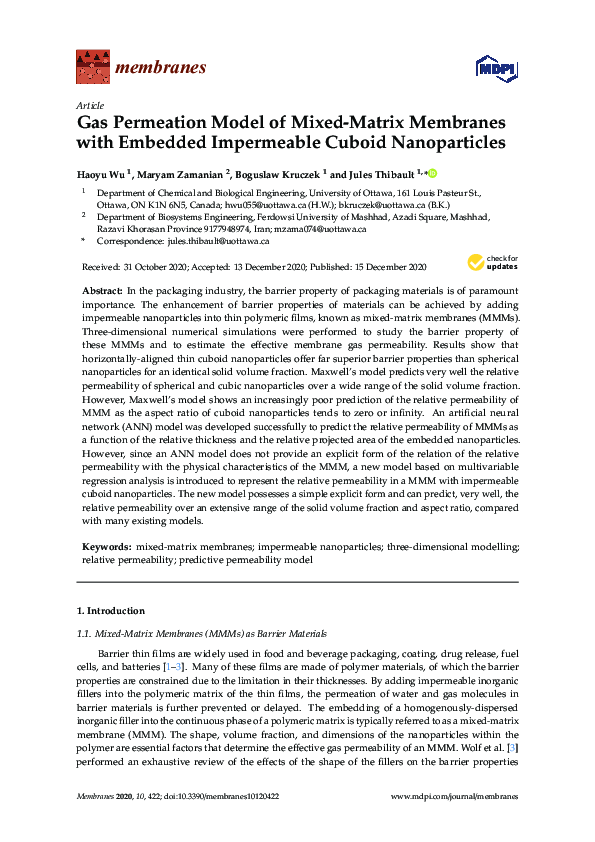 (PDF) Gas Permeation Model of Mixed-Matrix Membranes with Embedded Impermeable Cuboid Nanoparticles
