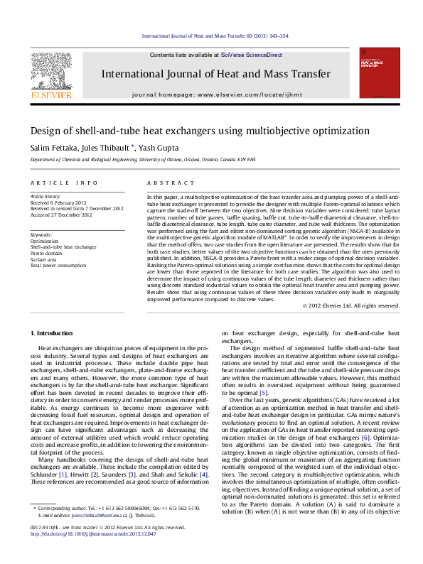 (PDF) Design of shell-and-tube heat exchangers using multiobjective optimization