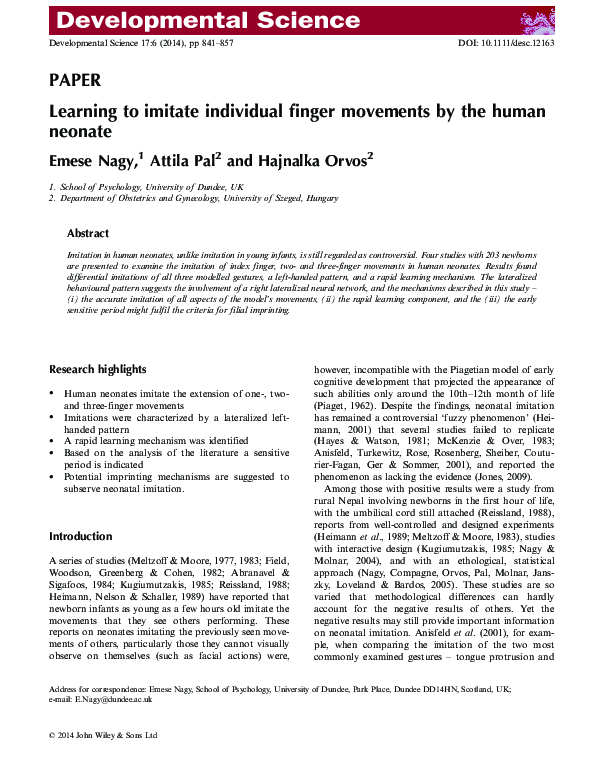 (PDF) Learning to imitate individual finger movements by the human neonate