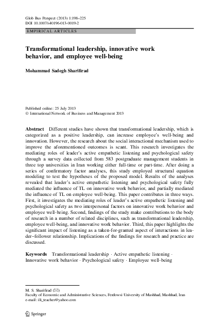 (PDF) Transformational leadership, innovative work behavior, and employee well-being