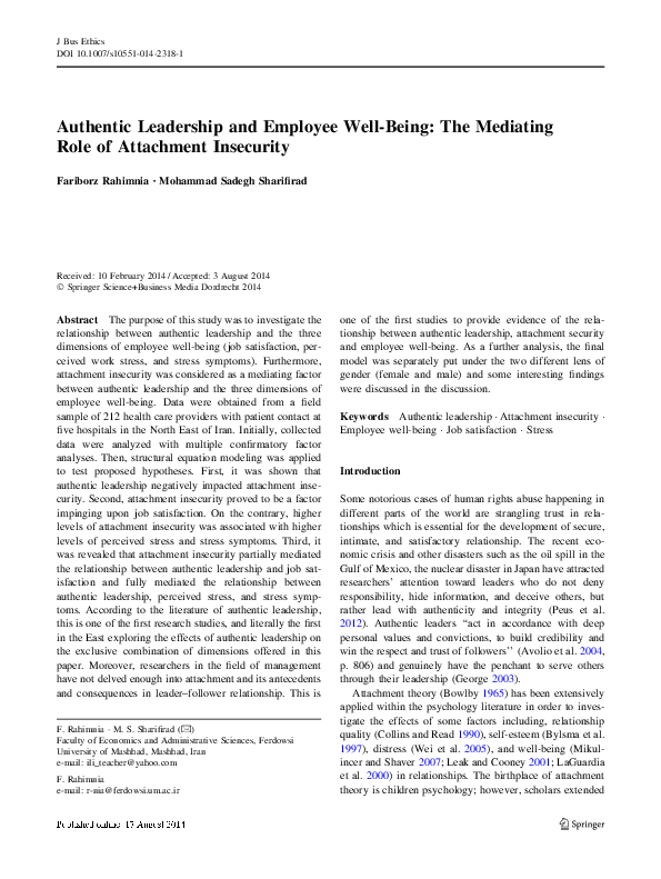 (PDF) Authentic Leadership and Employee Well-Being: The Mediating Role of Attachment Insecurity