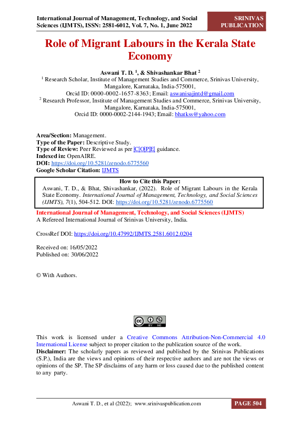(PDF) Role of Migrant Labours in the Kerala State Economy