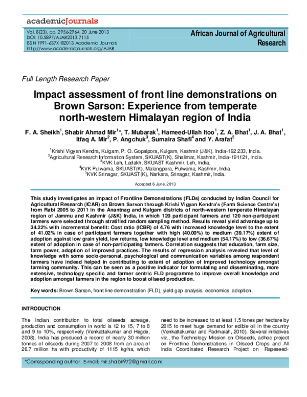 (PDF) Impact assessment of front line demonstrations on Brown Sarson ...