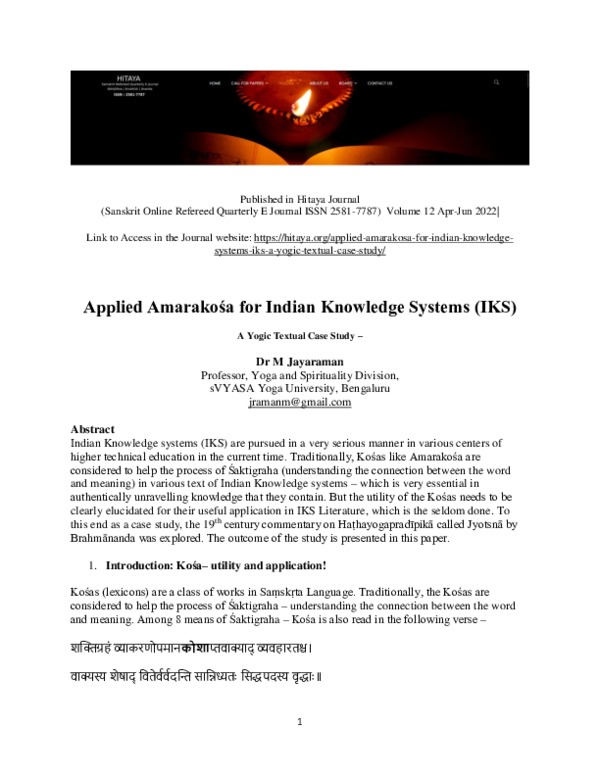 (PDF) Applied Amarakośa for Indian Knowledge Systems (IKS) A Yogic ...