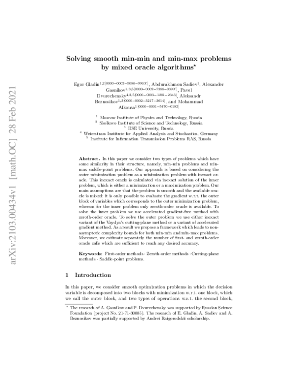 (PDF) Solving Smooth Min-Min and Min-Max Problems by Mixed Oracle Algorithms