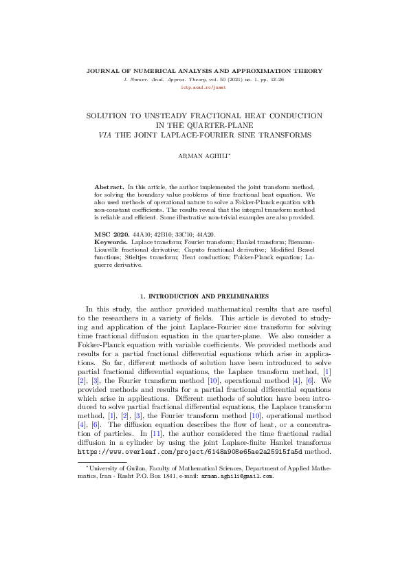 Pdf Solution To Unsteady Fractional Heat Conduction In The Quarter Plane Via The Joint Laplace