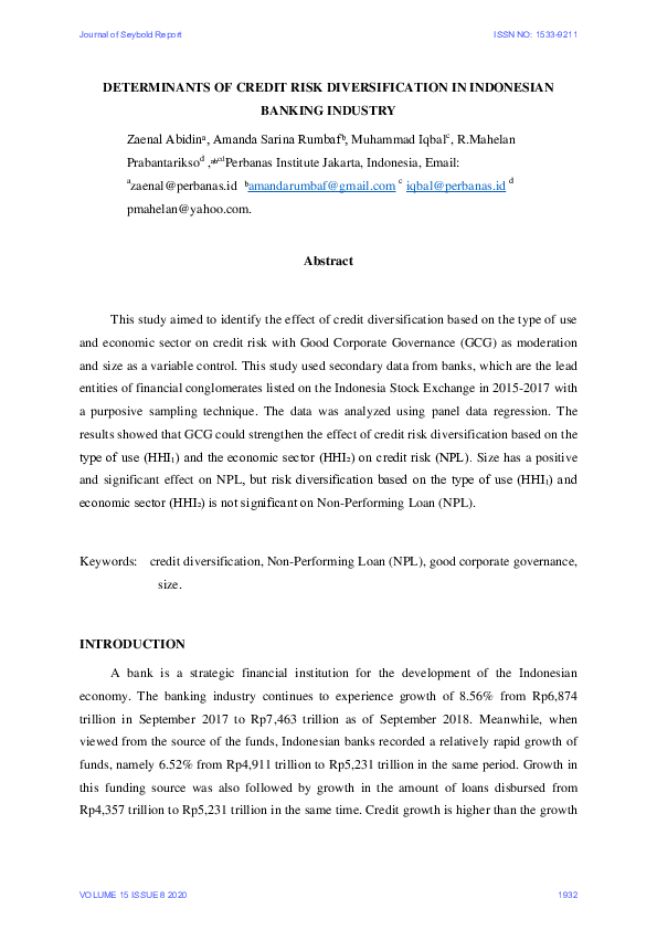 (PDF) Determinants of Credit Risk Diversification in Indonesian Banking ...