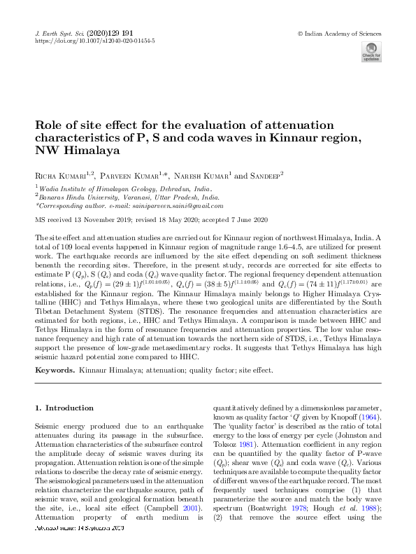 (PDF) Role of site effect for the evaluation of attenuation characteristics of P, S and coda ...