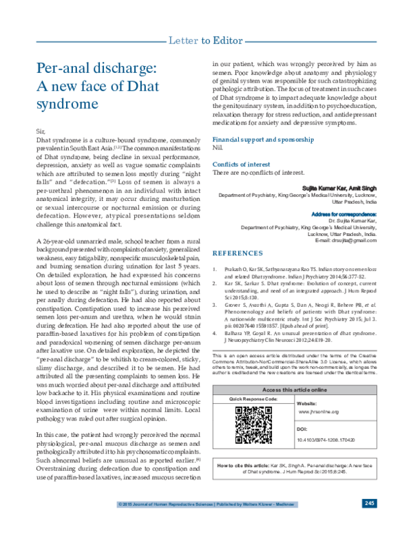 (PDF) Per-anal discharge: A new face of Dhat syndrome