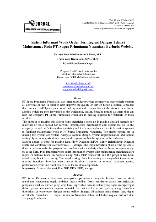 (PDF) Sistem Informasi Work Order Terintegrasi Dengan Teknisi ...