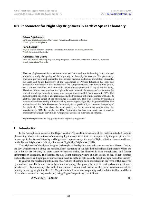 (PDF) DIY Photometer for Night Sky Brightness in Earth & Space Laboratory