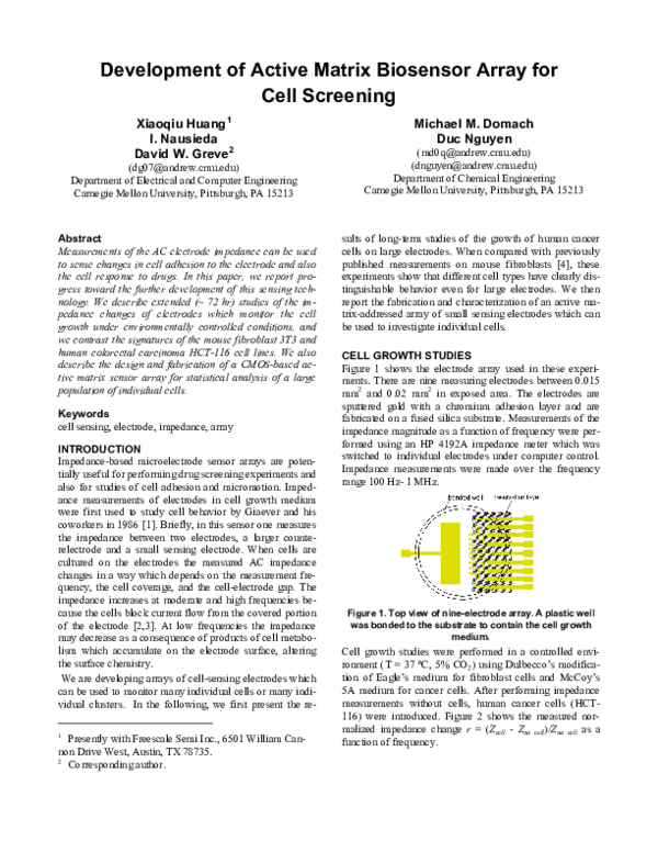 Pdf Development Of Active Matrix Biosensor Array For Cell Screening Duc Nguyen