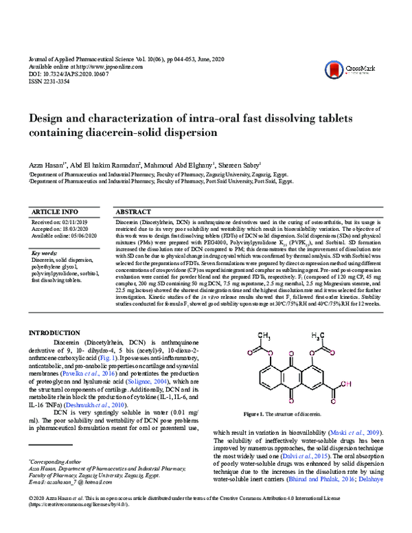 Pdf Fast Dissolving Tablets Of Diacerein Via Solid Dispersion Technique