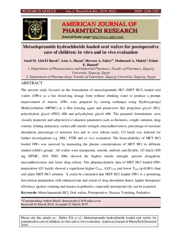 (PDF) Metoclopramide Hydrochloride Loaded Oral Wafers for Postoperative Care of Children: In ...