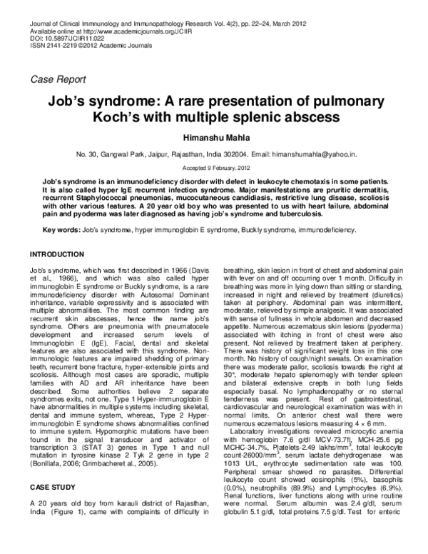 (PDF) Job’s syndrome: A rare presentation of pulmonary Koch’s with ...