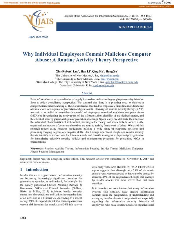 (PDF) Why Individual Employees Commit Malicious Computer Abuse: A Routine Activity Theory ...