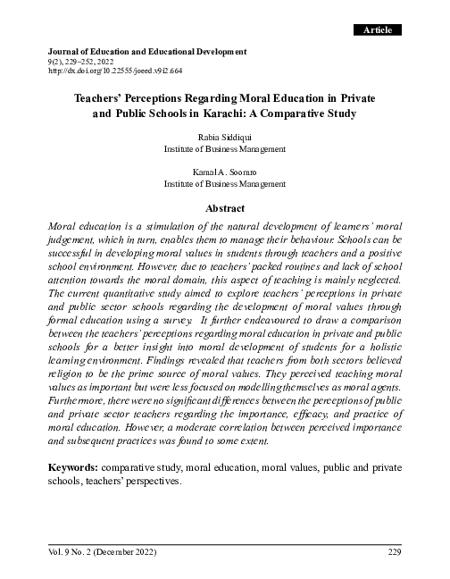 (PDF) Teachers' Perceptions Regarding Moral Education in Private and ...