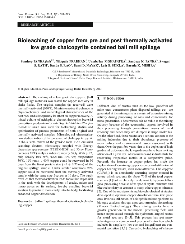 (PDF) Bioleaching of copper from pre and post thermally activated low ...