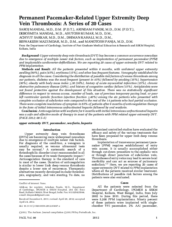 (PDF) Permanent Pacemaker-Related Upper Extremity Deep Vein Thrombosis ...