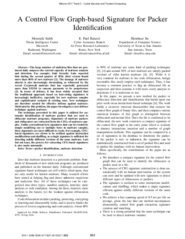 (PDF) A Control Flow Graph-based Signature for Packer Identification