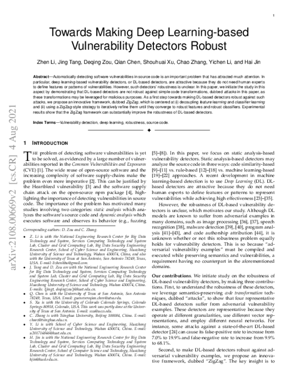 Pdf Towards Making Deep Learning Based Vulnerability Detectors Robust