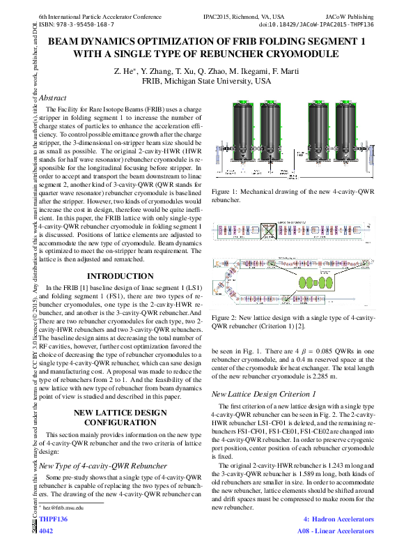 (PDF) Beam Dynamics Optimization of FRIB Folding Segment 1 with Single-type Re-buncher Cryomodule