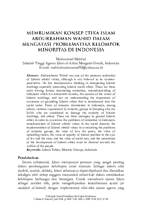 (PDF) Membumikan Konsep Etika Islam Abdurrahman Wahid dalam Mengatasi Problematika Kelompok ...
