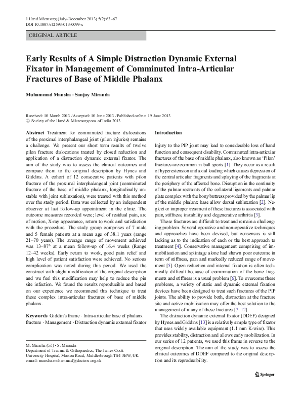 (PDF) Early Results of A Simple Distraction Dynamic External Fixator in Management of Comminuted ...