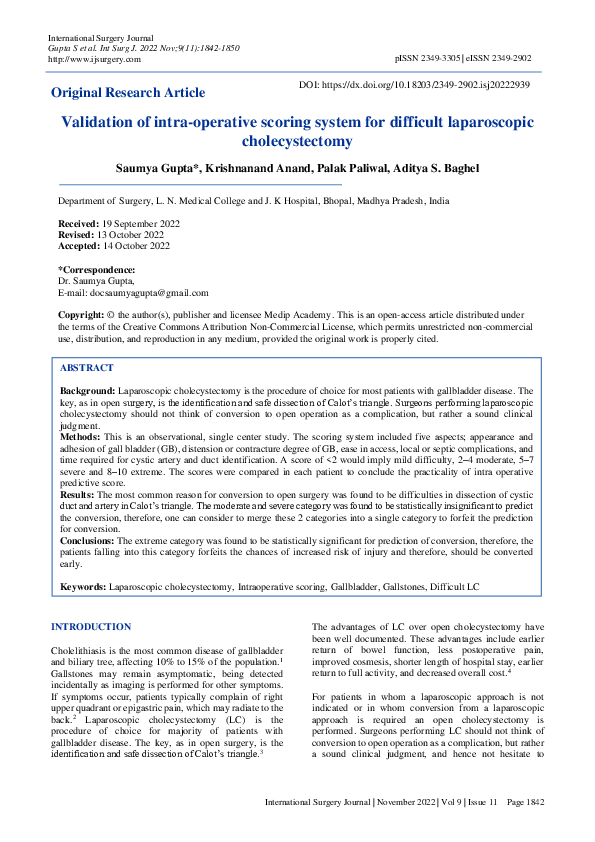 Pdf Validation Of Intra Operative Scoring System For Difficult Laparoscopic Cholecystectomy