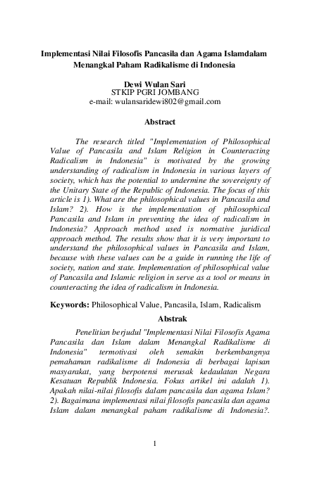 (PDF) Implementasi Nilai Filosofis Pancasila dan Agama Islam dalam Menangkal Paham Radikalisme ...